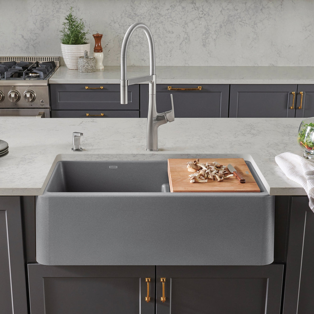 SILGRANIT 33" Double Bowl Farmhouse Sink with Low Divider — DirectSinks